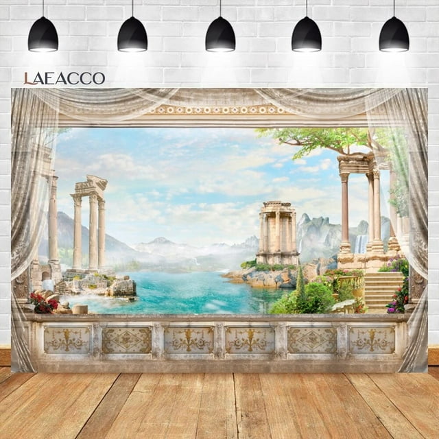 Laeacco Summer Seaside Tropical Beach Balcony View Backdrop Palm Trees ...