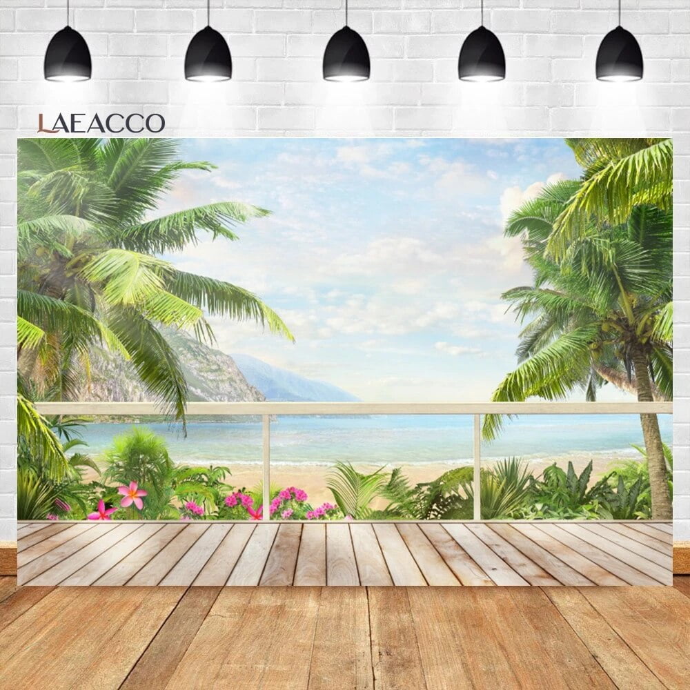 Laeacco Summer Seaside Tropical Beach Balcony View Backdrop Palm Trees ...