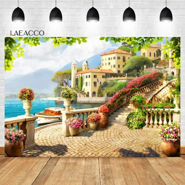Laeacco Summer Seaside Tropical Beach Balcony View Backdrop Palm Trees ...
