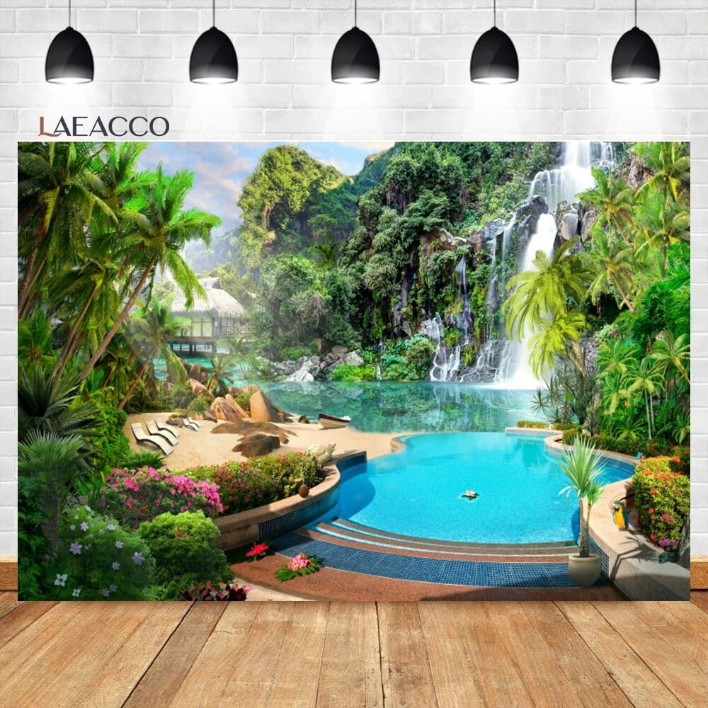 Laeacco Summer Seaside Tropical Beach Balcony View Backdrop Palm Trees ...