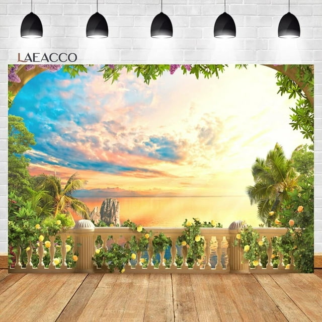 Laeacco Summer Seaside Tropical Beach Balcony View Backdrop Palm Trees ...