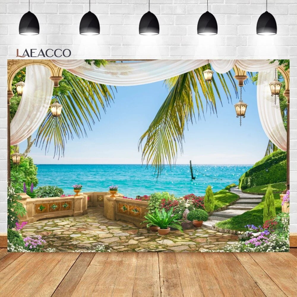 Laeacco Summer Seaside Tropical Beach Balcony View Backdrop Palm Trees ...