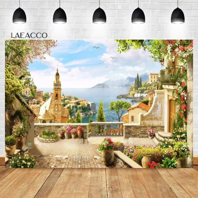 Laeacco Summer Seaside Tropical Beach Balcony View Backdrop Palm Trees ...