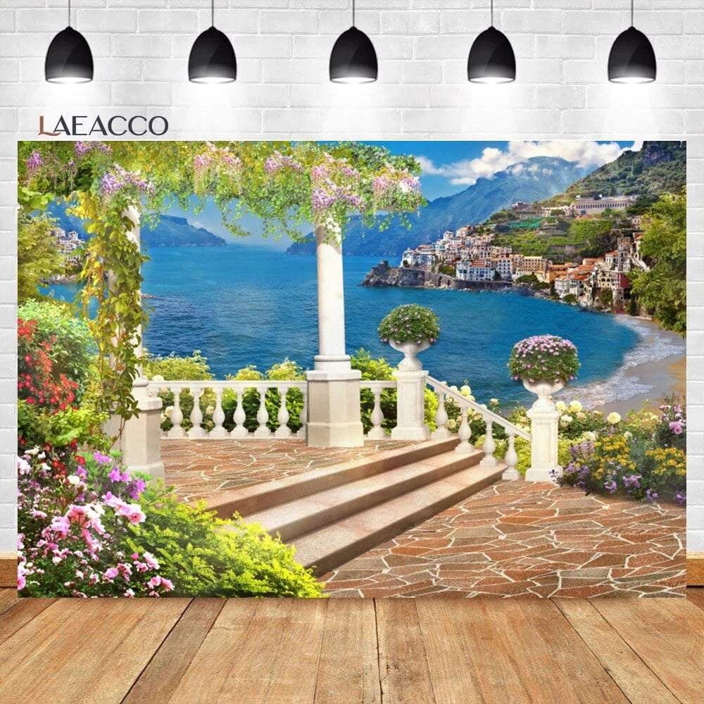 Laeacco Summer Seaside Tropical Beach Balcony View Backdrop Palm Trees ...