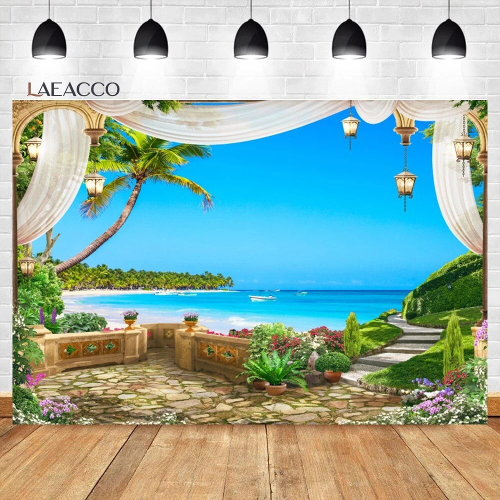 Laeacco Summer Seaside Tropical Beach Balcony View Backdrop Palm Trees ...