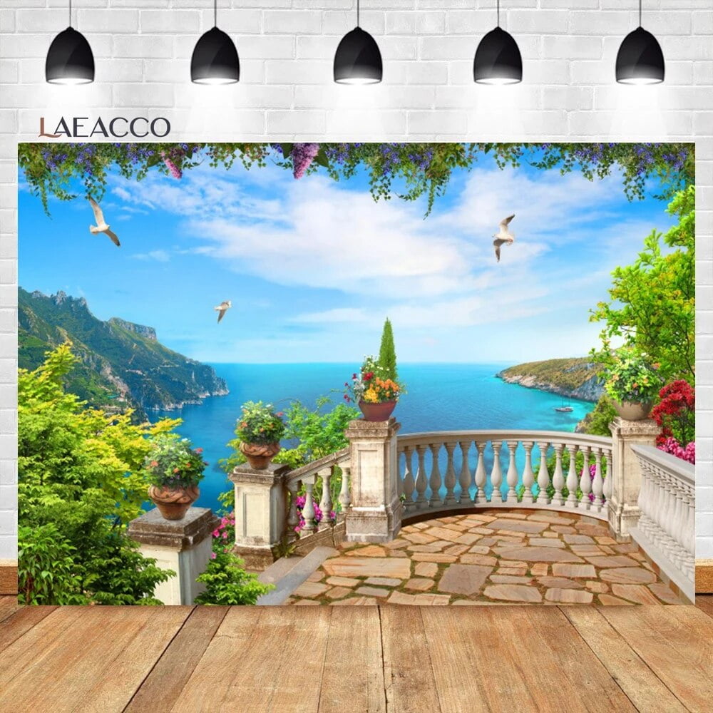 Laeacco Summer Seaside Tropical Beach Balcony View Backdrop Palm Trees ...