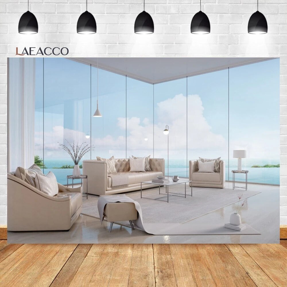 Laeacco White Chic House Room Interior French Window Scenery Green ...