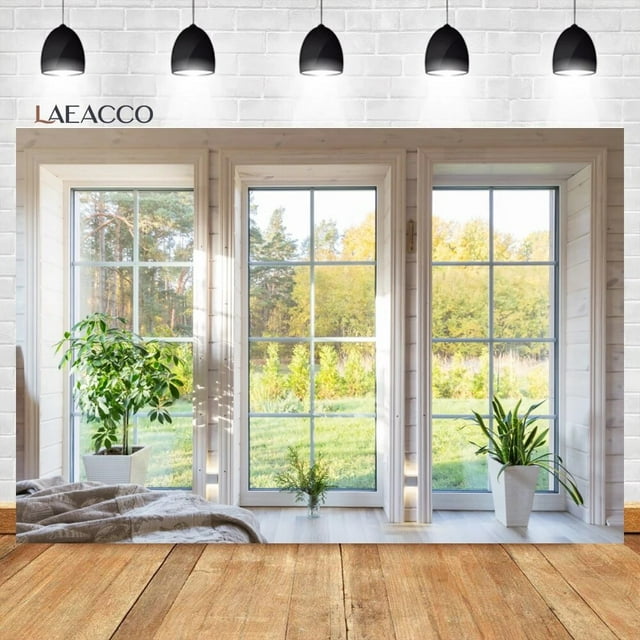 Laeacco White Chic House Room Interior French Window Scenery Green ...