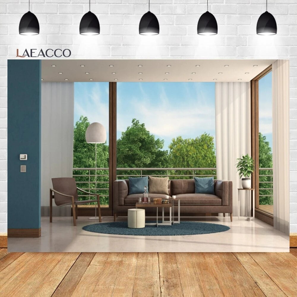 Laeacco White Chic House Room Interior French Window Scenery Green ...