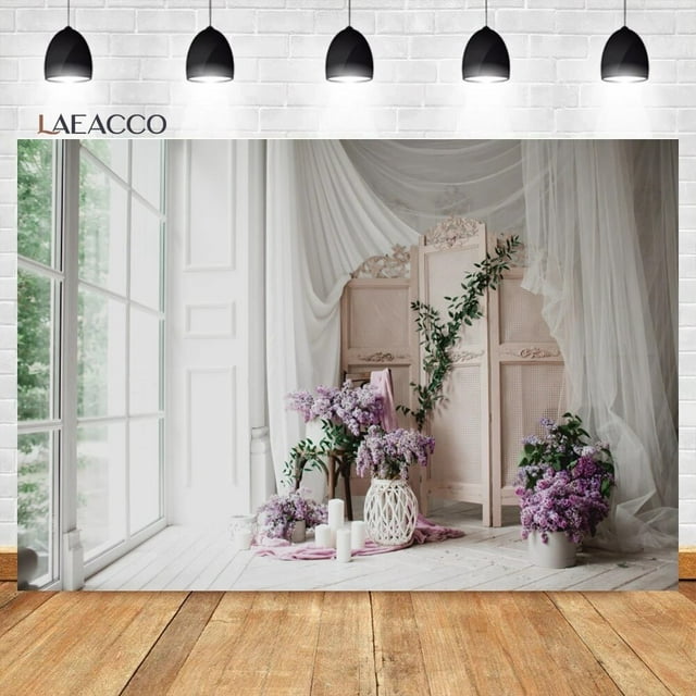 Laeacco White Chic House Room Interior French Window Scenery Green ...