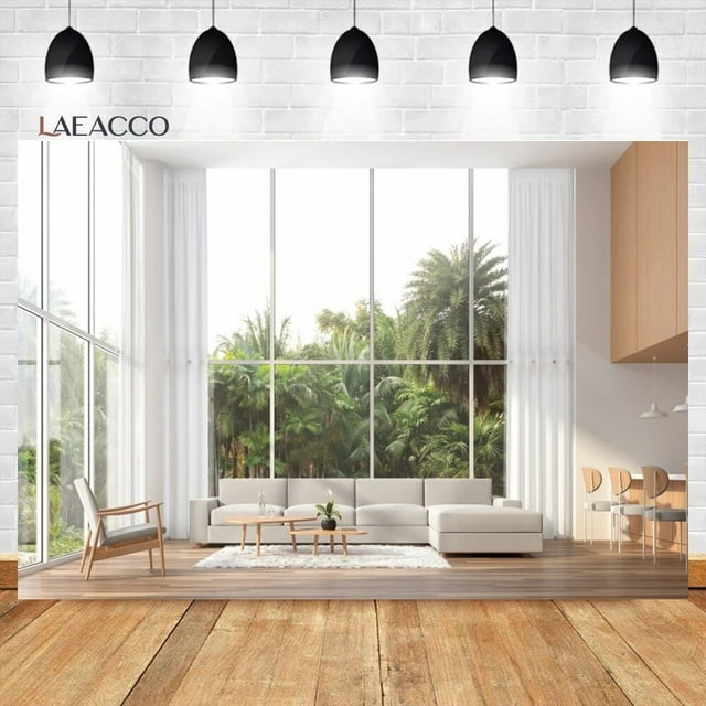 Laeacco White Chic House Room Interior French Window Scenery Green ...