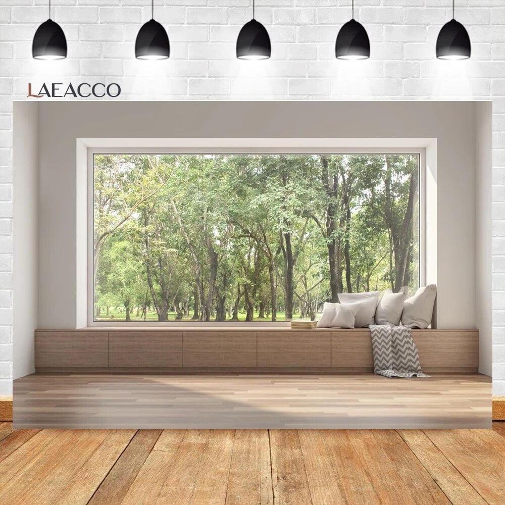 Laeacco White Chic House Room Interior French Window Scenery Green ...