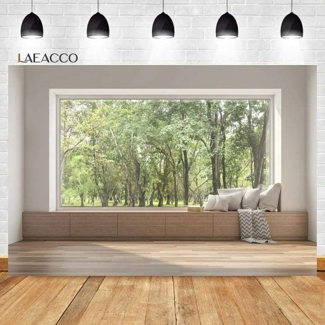 Laeacco White Chic House Room Interior French Window Scenery Green ...