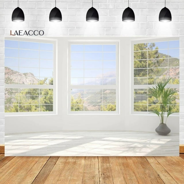 Laeacco White Chic House Room Interior French Window Scenery Green ...