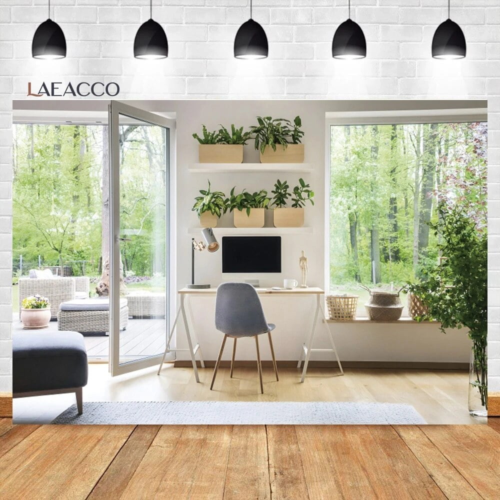 Laeacco White Chic House Room Interior French Window Scenery Green ...