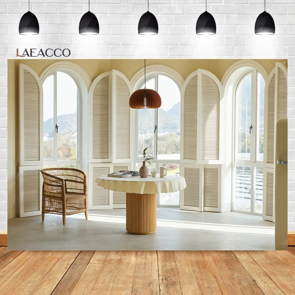 Laeacco White Chic House Room Interior French Window Scenery Green ...