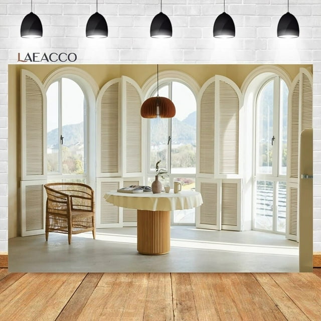 Laeacco White Chic House Room Interior French Window Scenery Green ...