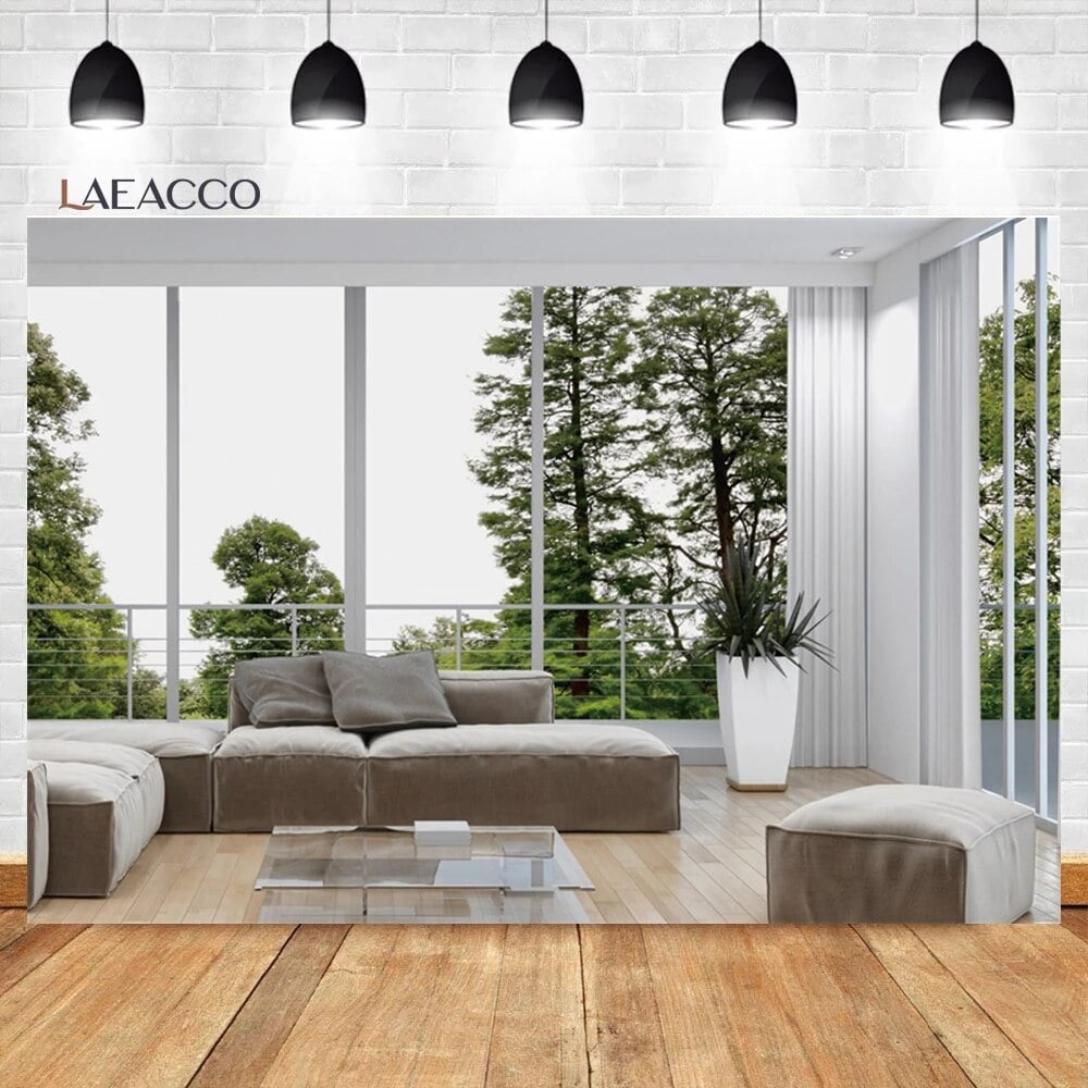 Laeacco White Chic House Room Interior French Window Scenery Green ...