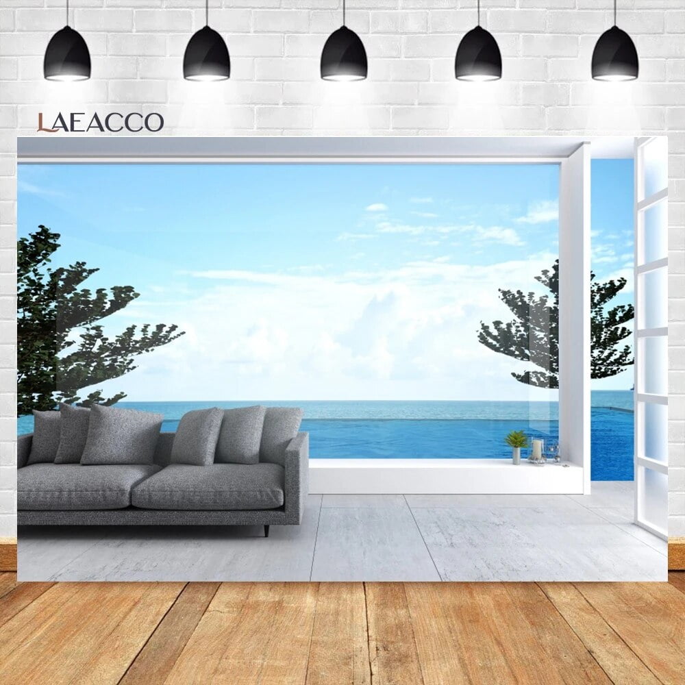 Laeacco White Chic House Room Interior French Window Scenery Green ...