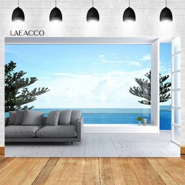 Laeacco White Chic House Room Interior French Window Scenery Green ...