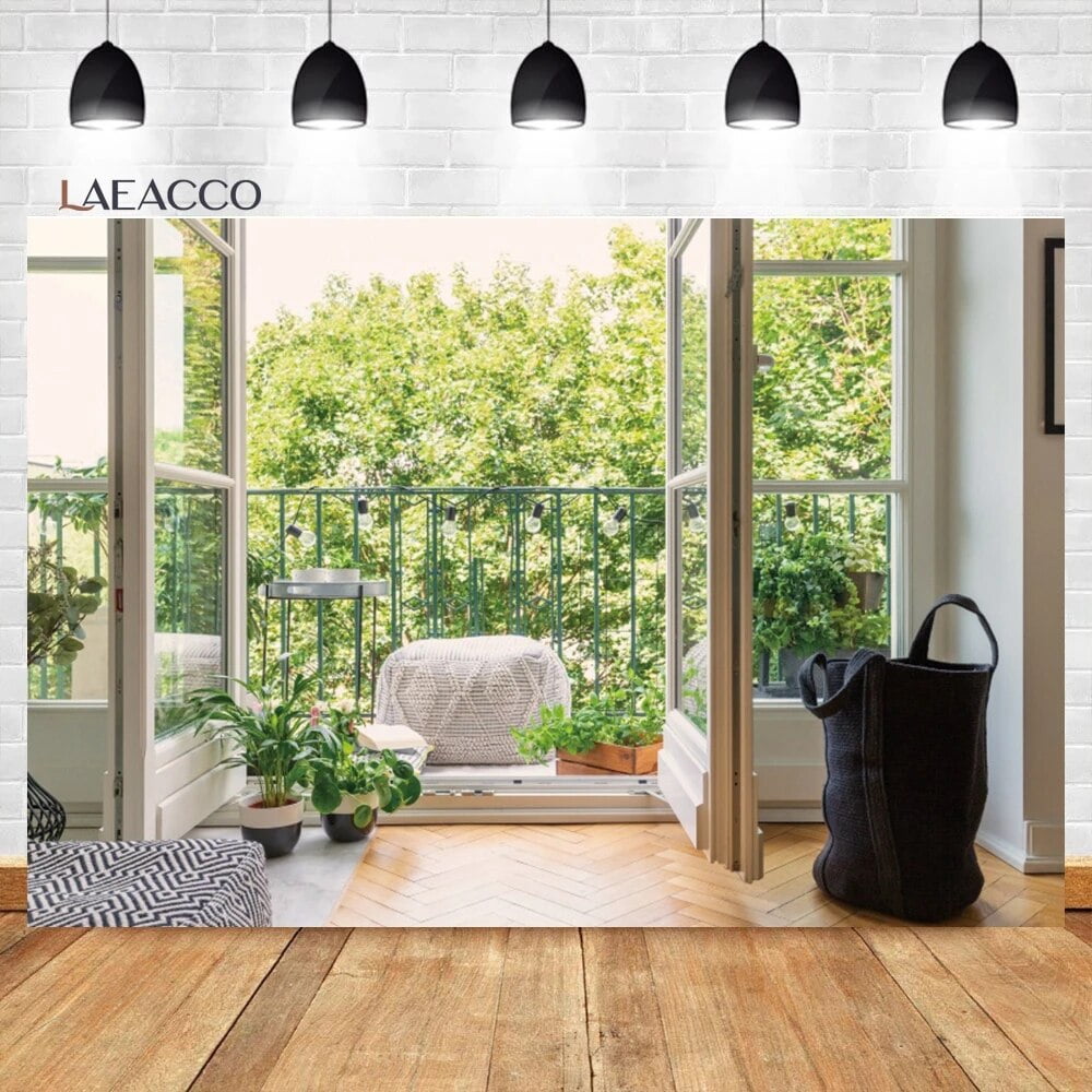 Laeacco White Chic House Room Interior French Window Scenery Green ...