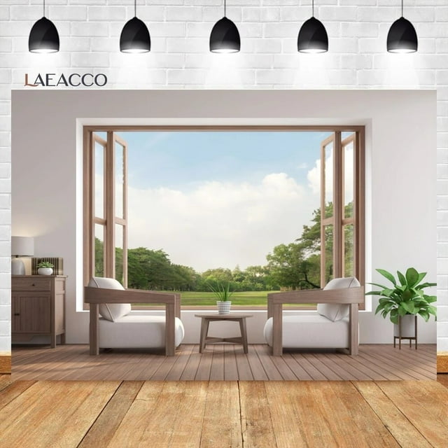 Laeacco White Chic House Room Interior French Window Scenery Green ...