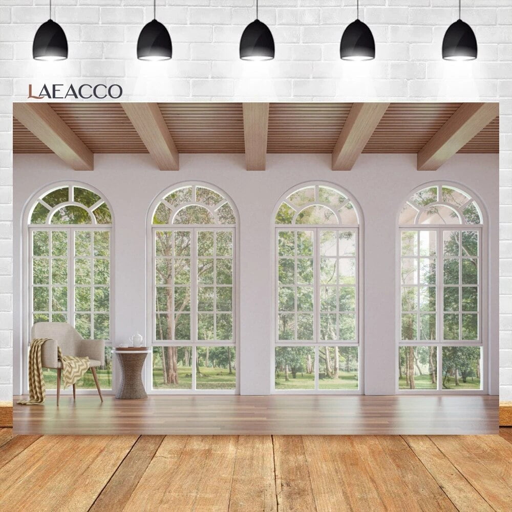 Laeacco White Chic House Room Interior French Window Scenery Green ...