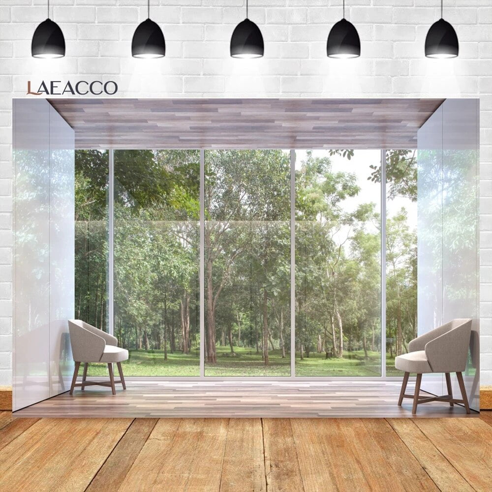 Laeacco White Chic House Room Interior French Window Scenery Green ...