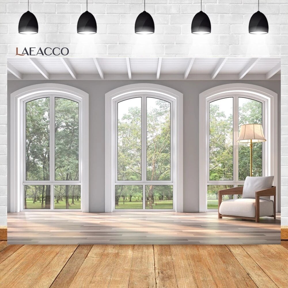 Laeacco White Chic House Room Interior French Window Scenery Green ...