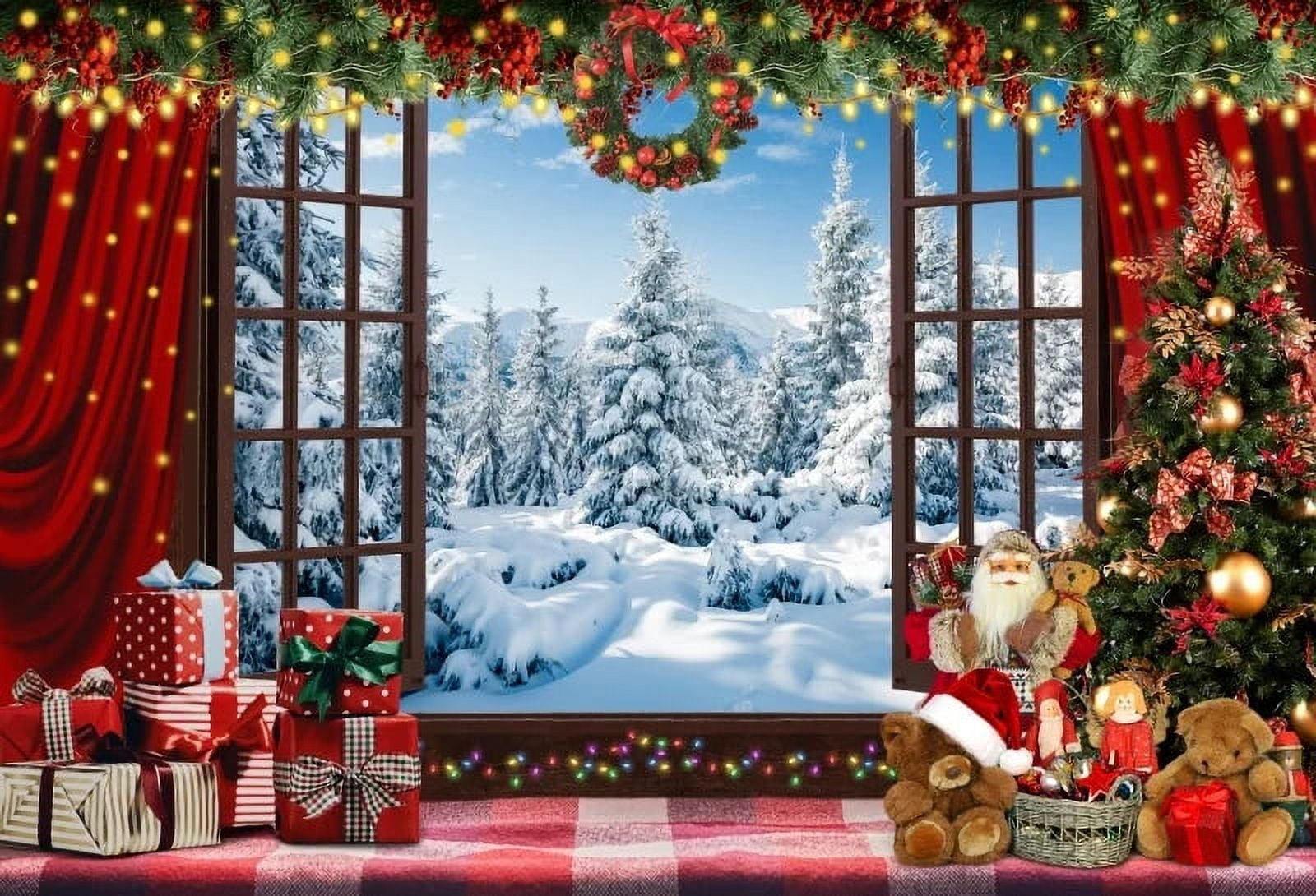 Laeacco Winter Christmas Window Scene Backdrop Snow Forest Pink ...