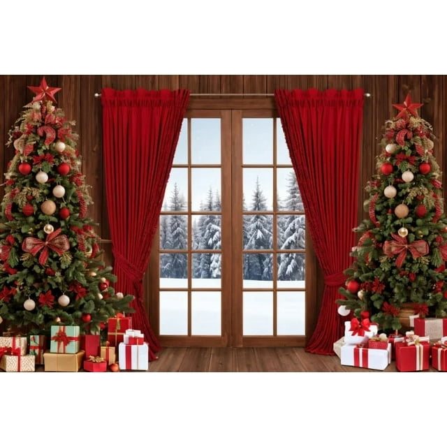 Laeacco Winter Christmas Window Scene Backdrop Snow Forest Pink ...