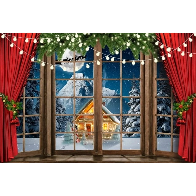 Laeacco Winter Christmas Window Scene Backdrop Snow Forest Pink ...