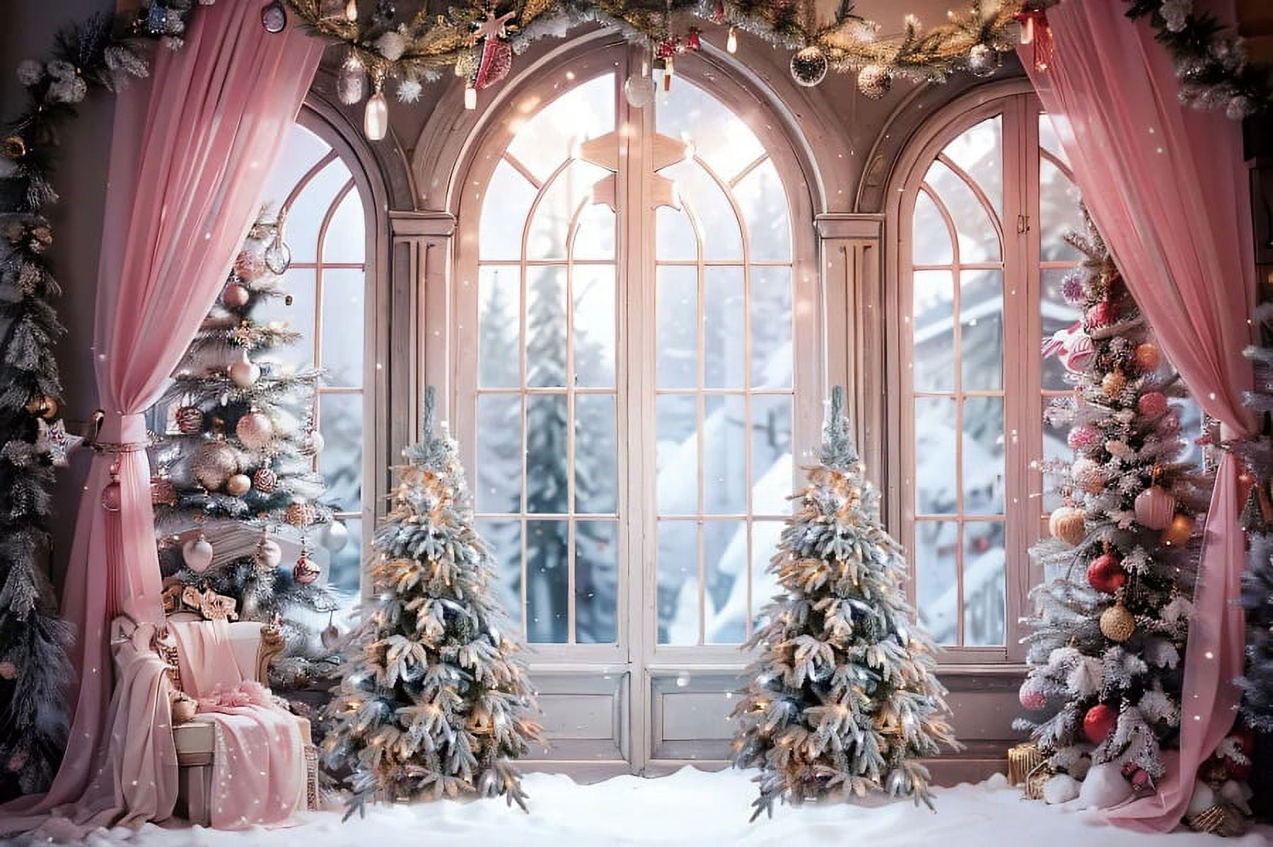 Laeacco Winter Christmas Window Scene Backdrop Snow Forest Pink ...