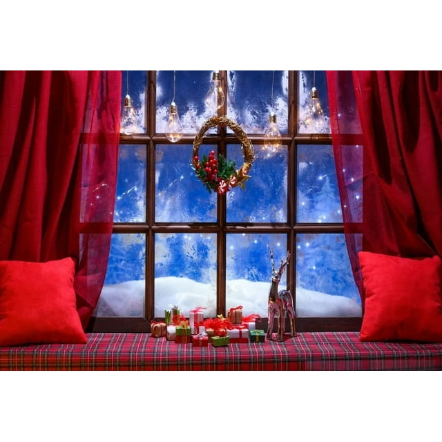 Laeacco Winter Christmas Window Scene Backdrop Snow Forest Pink ...