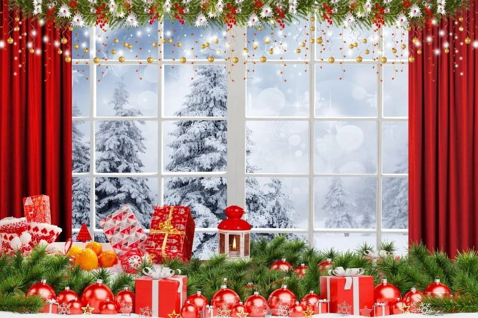 Laeacco Winter Christmas Window Scene Backdrop Snow Forest Pink ...