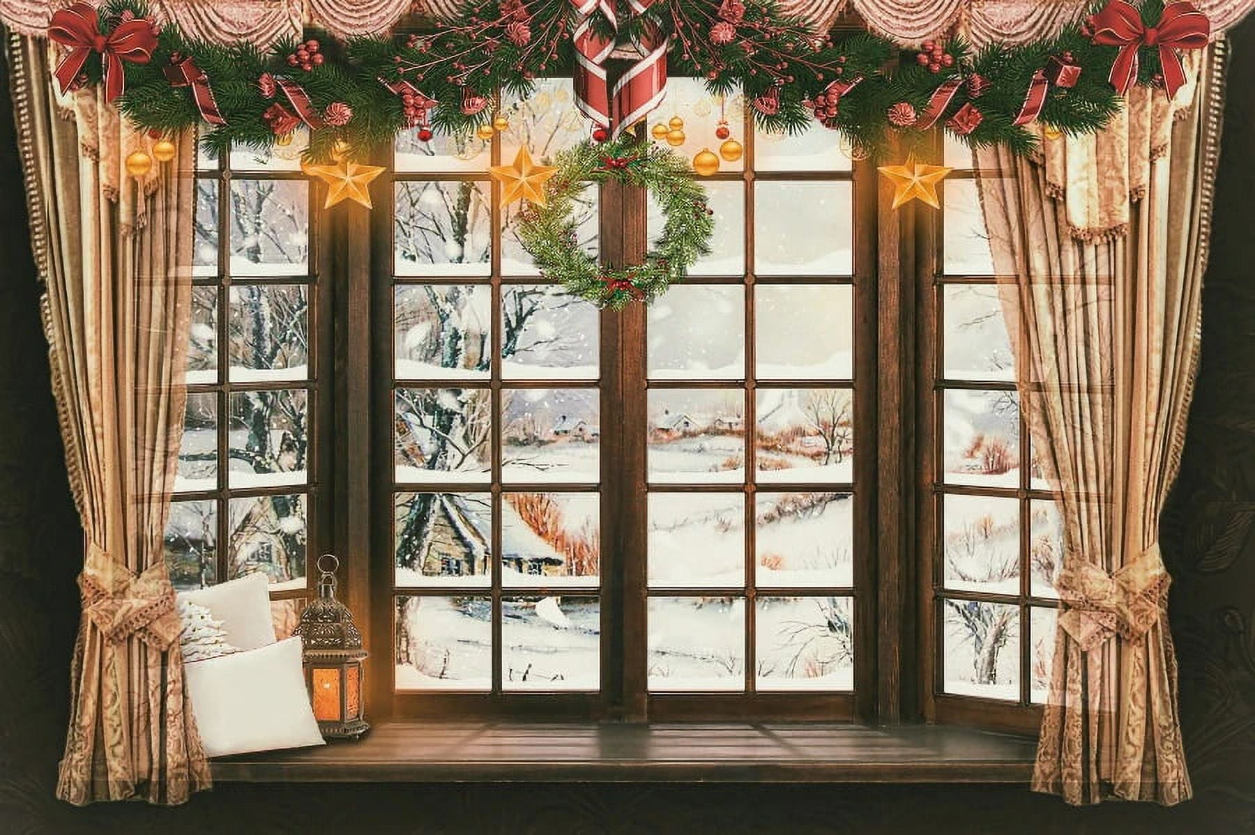 Laeacco Winter Christmas Window Scene Backdrop Snow Forest Pink ...