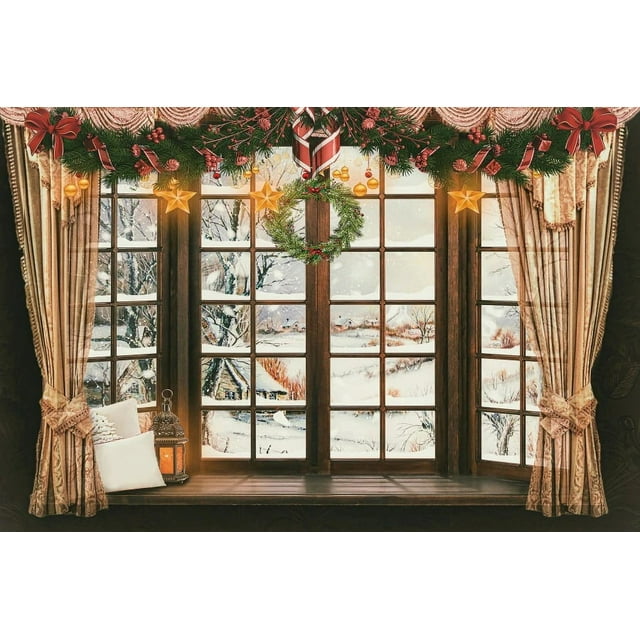 Laeacco Winter Christmas Window Scene Backdrop Snow Forest Pink ...