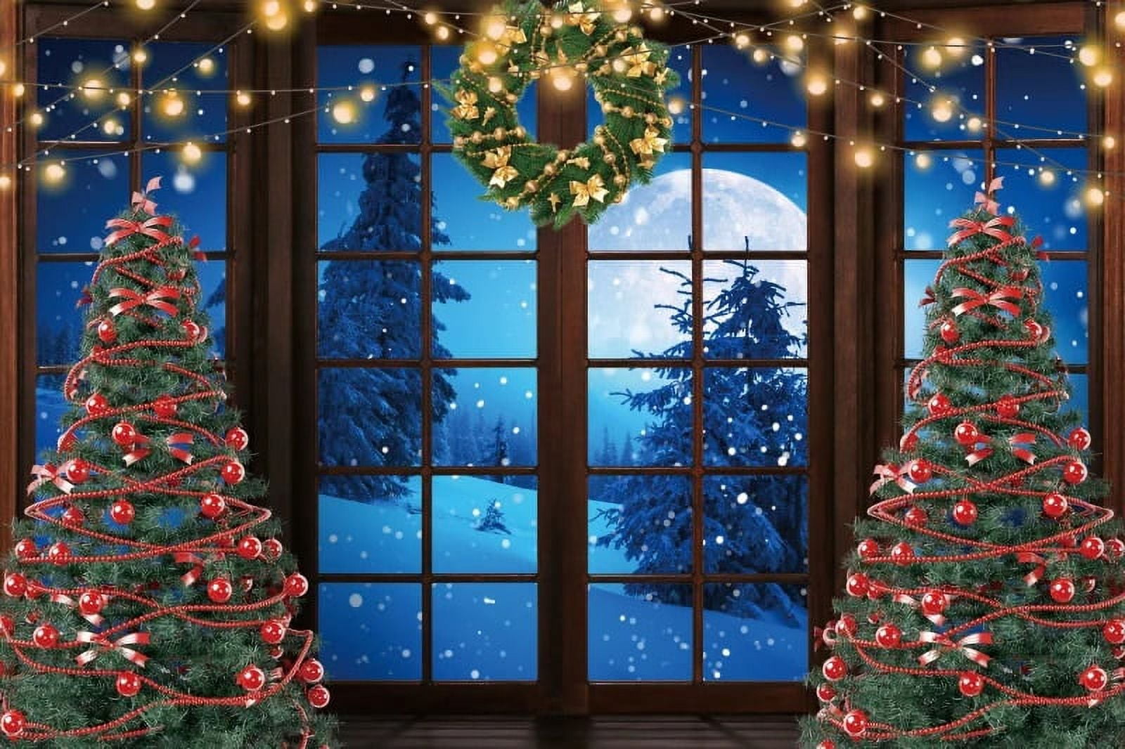 Laeacco Winter Christmas Window Scene Backdrop Snow Forest Pink ...