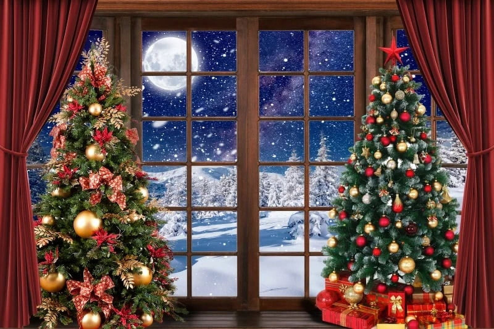 Laeacco Winter Christmas Window Scene Backdrop Snow Forest Pink ...