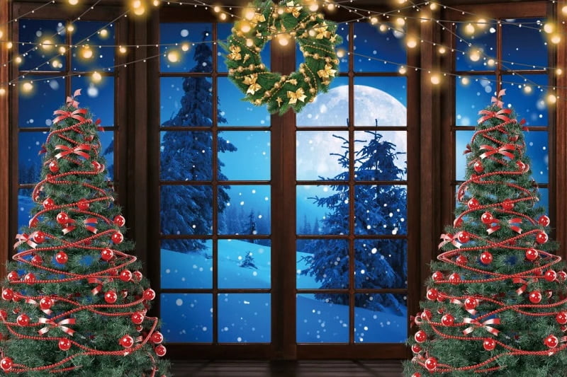 Laeacco Winter Christmas Window Scene Backdrop Snow Forest Pink ...