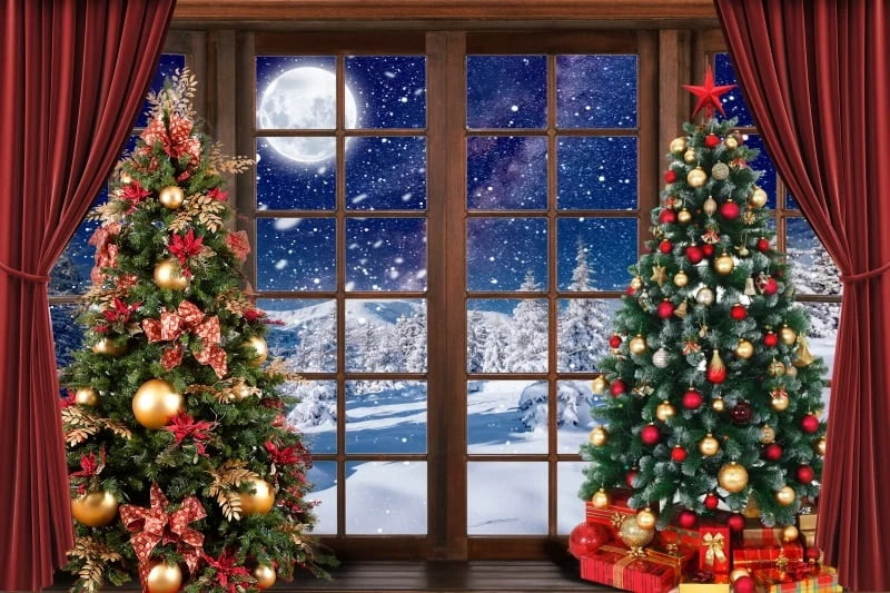 Laeacco Winter Christmas Window Scene Backdrop Snow Forest Pink ...
