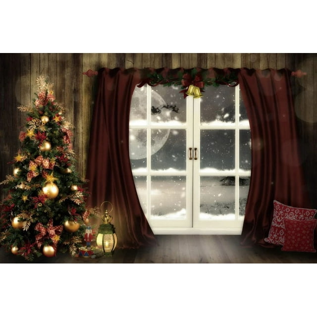 Laeacco Winter Christmas Window Scene Backdrop Snow Forest Pink ...