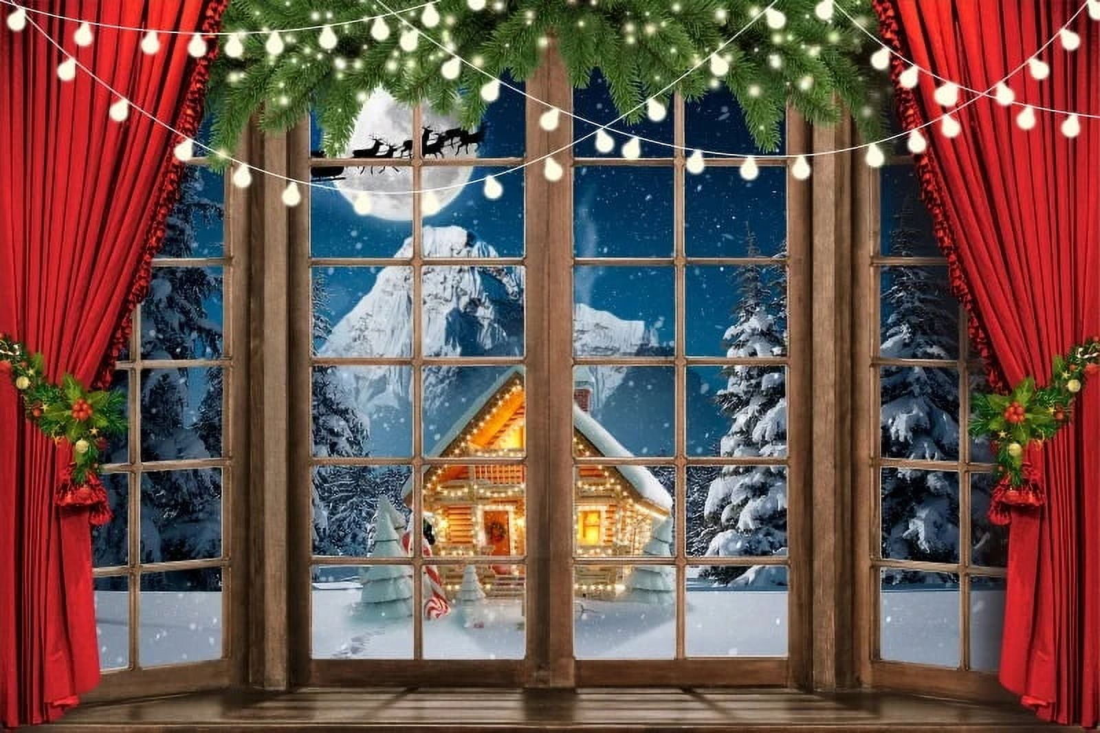 Laeacco Winter Christmas Window Scene Backdrop Snow Forest Pink ...
