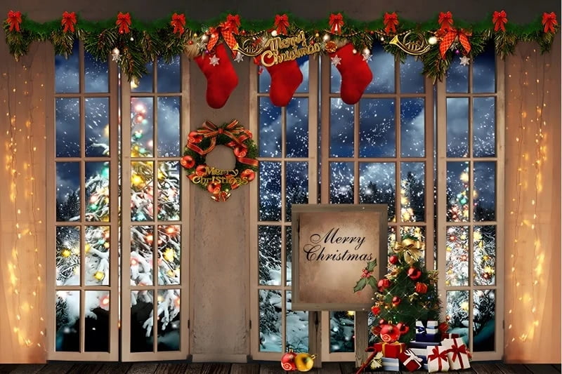 Laeacco Winter Christmas Window Scene Backdrop Snow Forest Pink ...