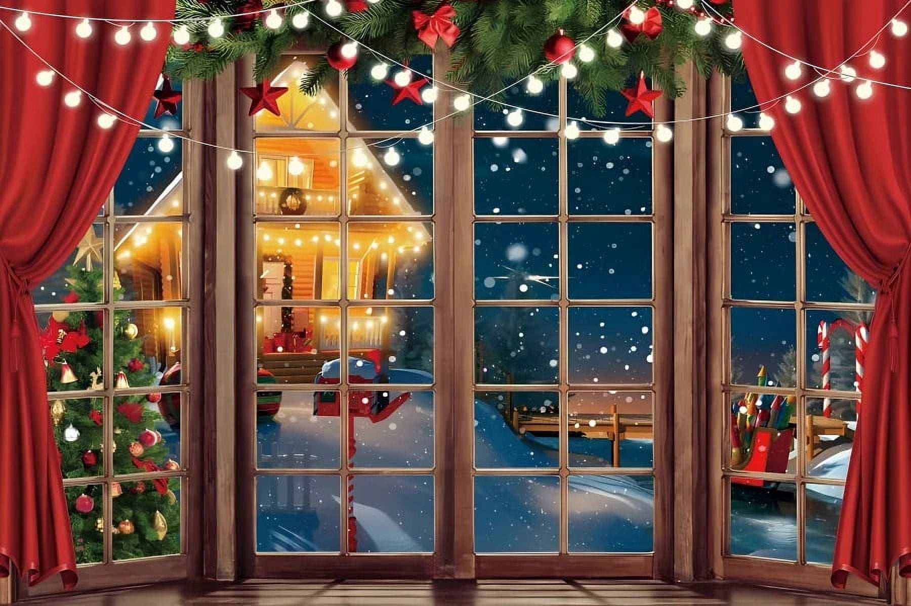 Laeacco Winter Christmas Window Scene Backdrop Snow Forest Pink ...
