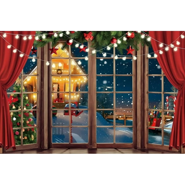 Laeacco Winter Christmas Window Scene Backdrop Snow Forest Pink ...