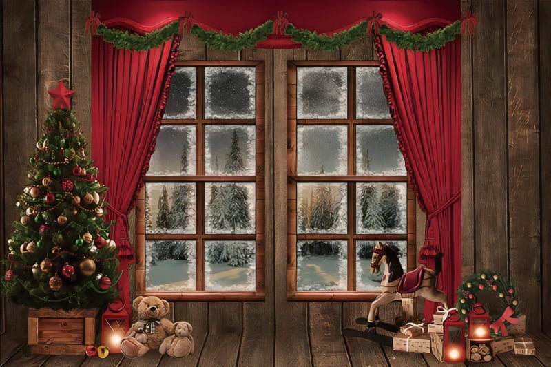 Laeacco Winter Christmas Window Scene Backdrop Snow Forest Pink ...