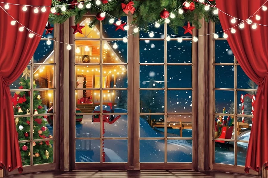 Laeacco Winter Christmas Window Scene Backdrop Snow Forest Pink ...