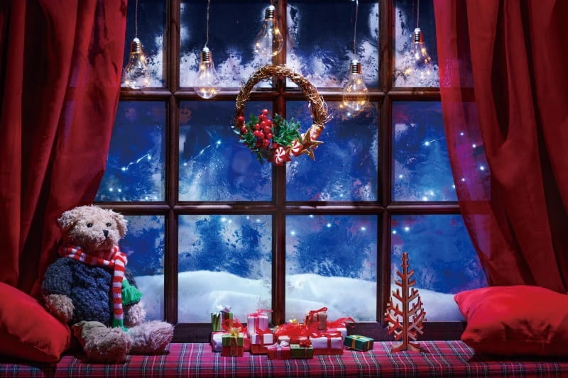 Laeacco Winter Christmas Window Scene Backdrop Snow Forest Pink ...
