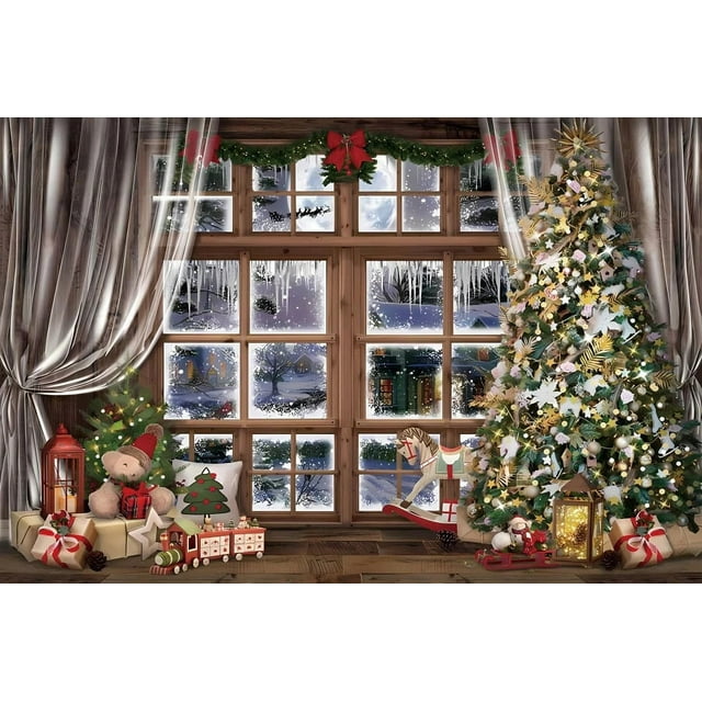 Laeacco Winter Christmas Window Scene Backdrop Snow Forest Pink ...